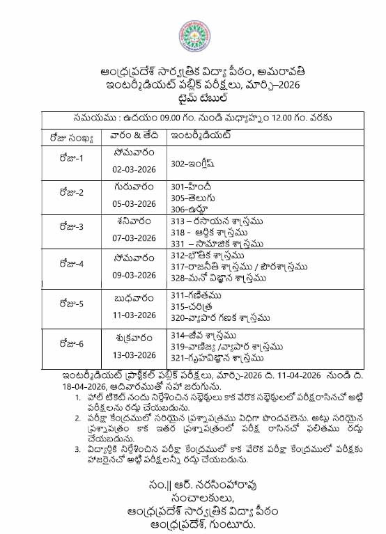 AP Open Inter Exam Dates 2026